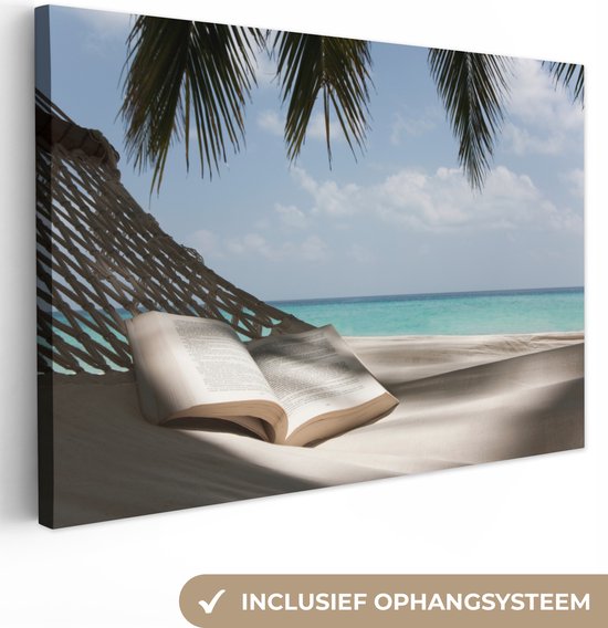 Canvas Schilderij Hangmat - Boek - Strand - 60x40 cm - Wanddecoratie | bol