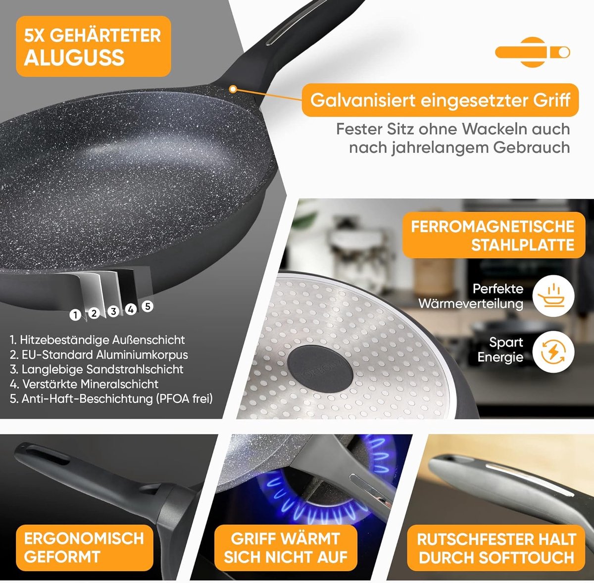 Pan 24 cm, gegoten aluminium pan met antiaanbaklaag, braadpan 24 cm hoge rand met 6... | bol