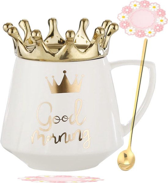 Goedemorgen mok met deksel Leuke mok cadeau met kroon Witte thee ...