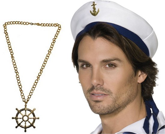 Carnaval verkleed Matrozen hoedje - wit - met gouden stuurwiel ketting ...