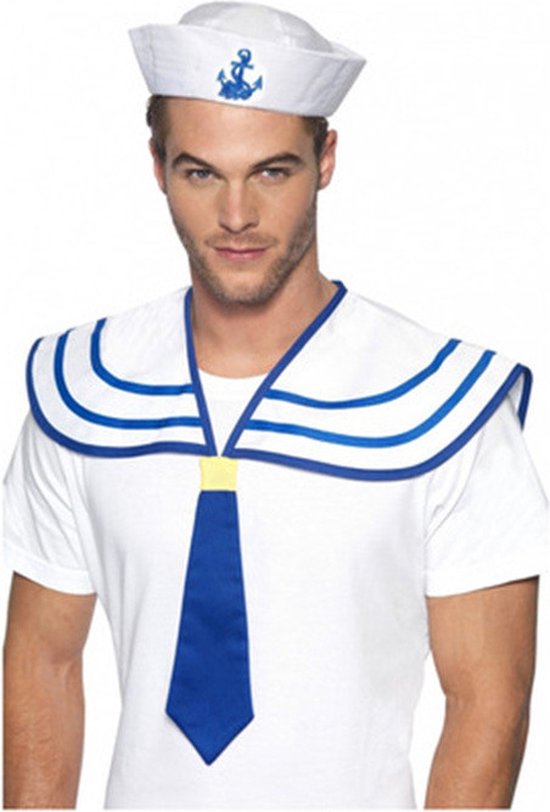 Carnaval verkleed Matrozen hoedje - wit/blauw - met matrozen kraag ...