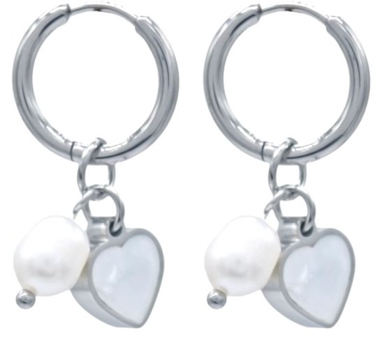 Oorbellen Hart en Parel - Oorringen - RVS - 2,8 cm - Zilverkleurig | bol