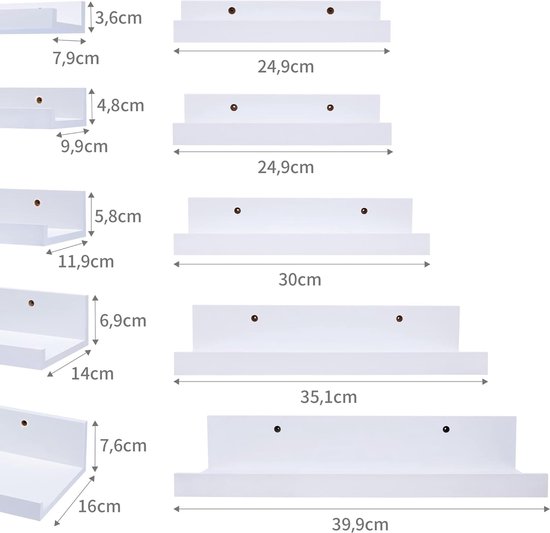 Witte zwevende wandplank met nagelset van 5 planken voor de kinderkamer ...