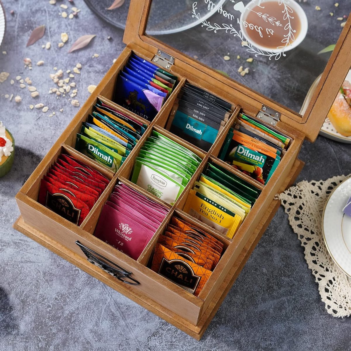 Theedoos, houten theedoos met 9 scheidingsvakken, theezakjesbox ...
