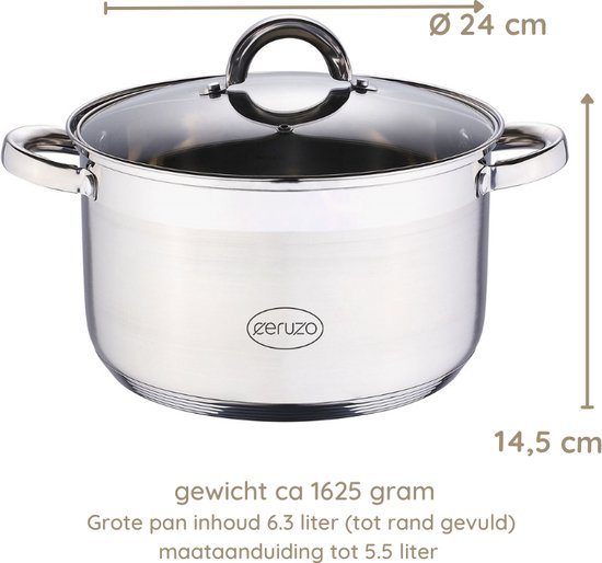 Ceruzo Kookpan - RVS - Diameter 24 cm - H 14.5 cm - 6.3 L - alle ...
