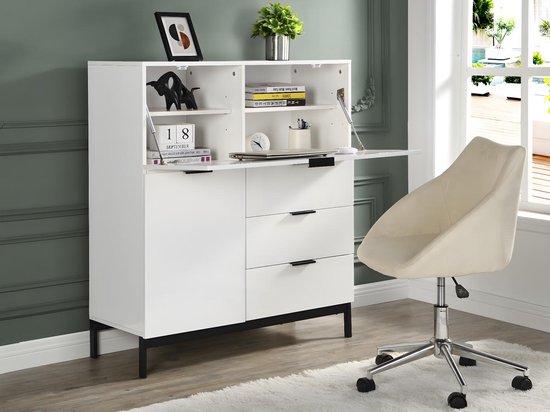 Bureaukast met 2 deuren en 3 laden - MDF en metaal - Wit gelakt - ERWIN ...