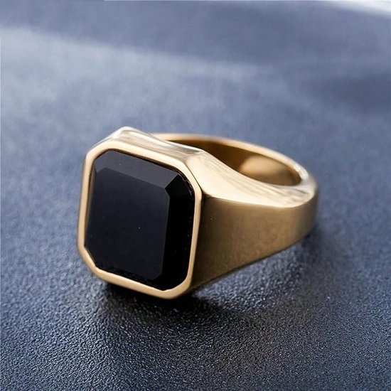 Zegelring Heren Goud kleurig met Zwarte Steen - Staal - Ring Ringen ...