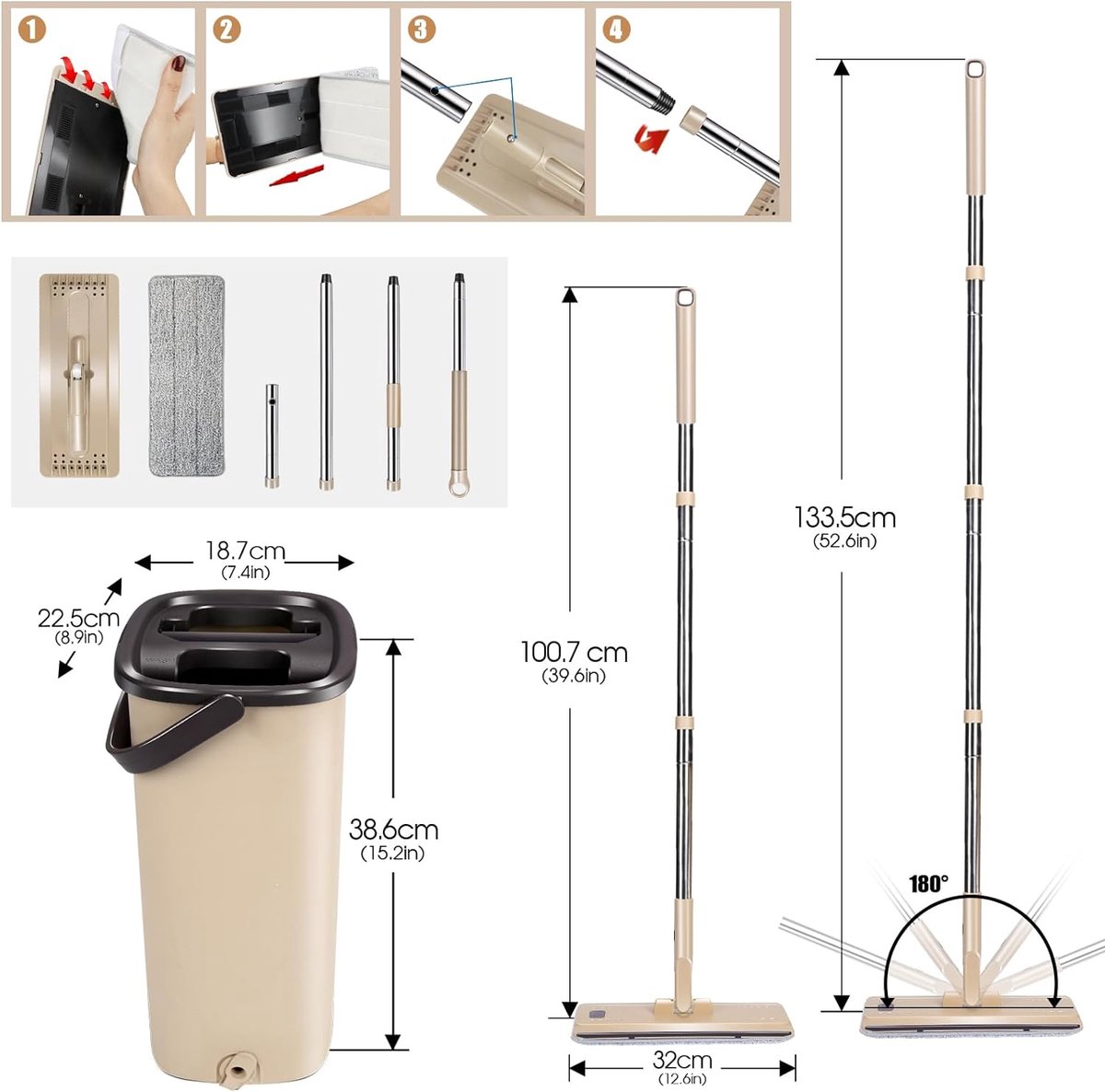 Dweilmop set met emmer, 2-in-1 vloerwisser met 132 cm roestvrijstalen ...