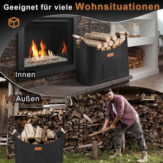 Haardhoutmand, opvouwbare houten mand voor haardhout, grote vilten tas ...