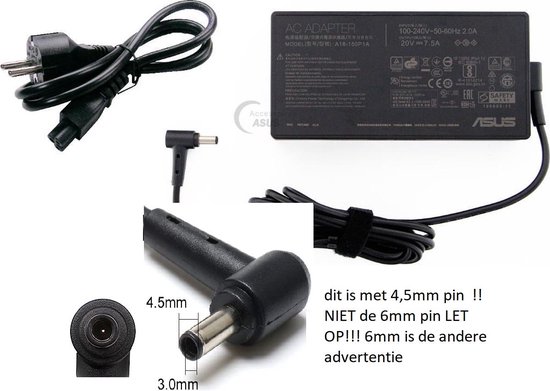 Asus adp-150ch b 20v 7,5a 150w adapter voeding 4,5mm pin oplader ...