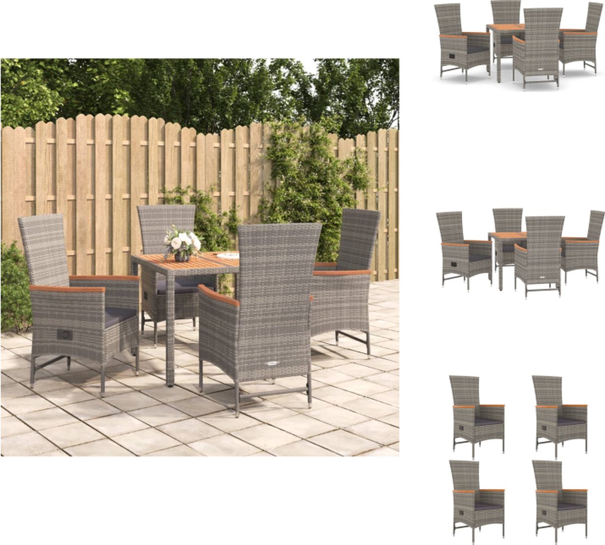 vidaXL Tuinset - Grijs - 4x Tuinstoel - Tafel 90x90x75cm - Tuinstoel | bol