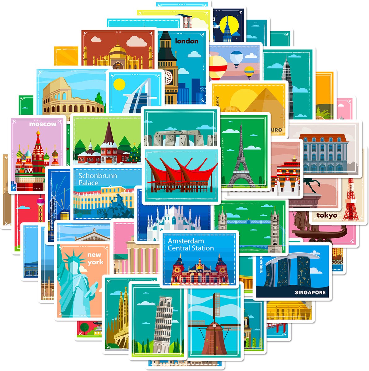 Postzegel Stickers met Steden en Bekende gebouwen - Stickers voor ...