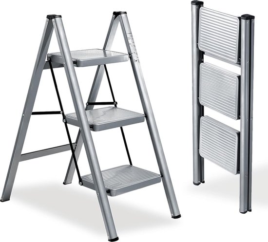 Ladder 3 treden, Opvouwbare trapladder met brede antislip pedaal ...