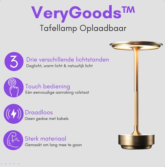 VeryGoods™ Tafellamp Oplaadbaar - Draadloos - Oplaadbare Tafellamp ...