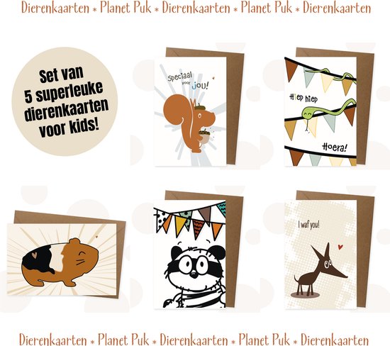 Planet Puk | Superleuke set van 5 luxe Dierenkaarten | 11.5 x 17.5cm ...