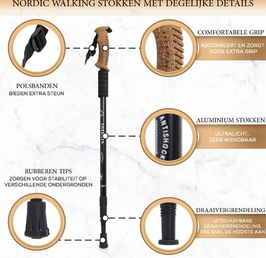 Nordic Walking Stokken- Zwart - Tüv gekeurd - Tot 120kg belastbaar -In ...