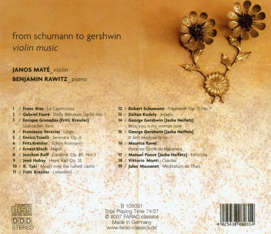 From Schumann To Gershwin - Violin Music, Benjamin Rawitz Janos Mate ...