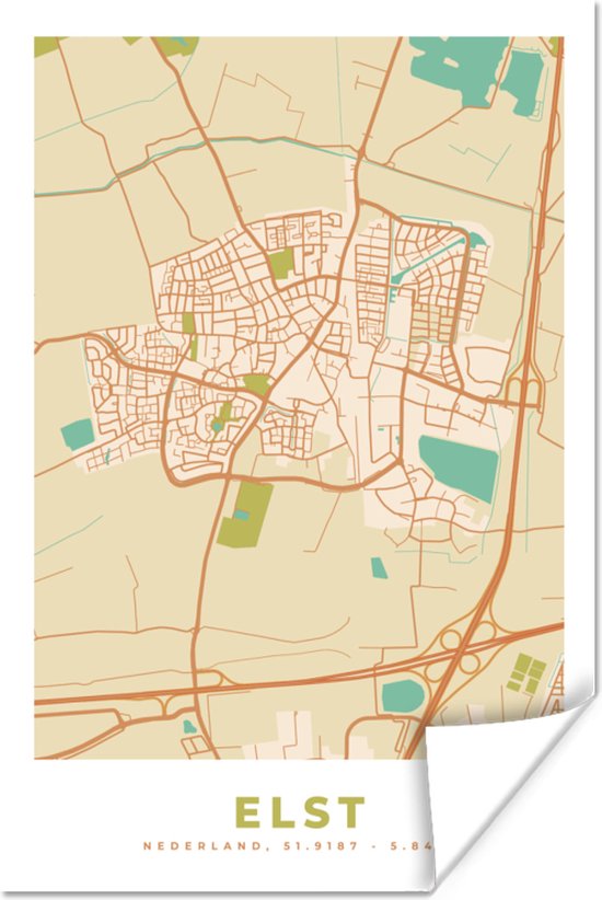 Poster Elste - Plattegrond - Kaart - Stadskaart - 40x60 cm | bol.com