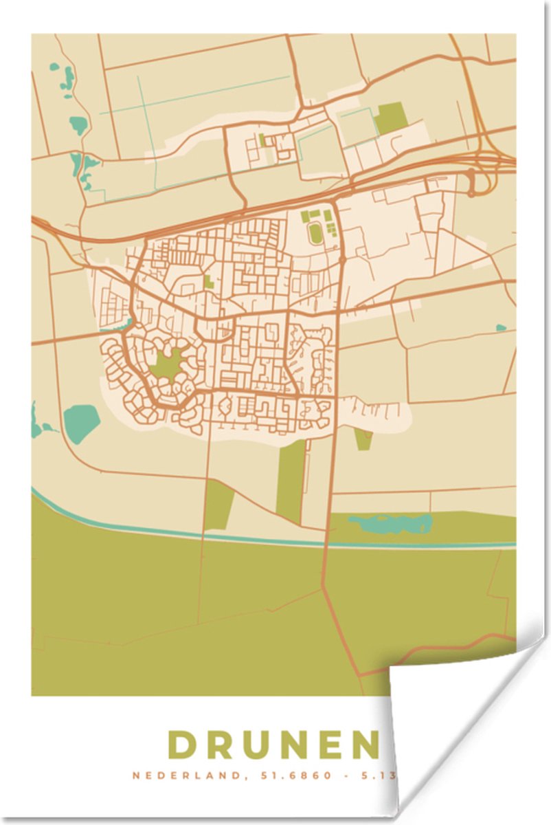 Poster Plattegrond - Drunen - Kaart - Vintage - Stadskaart - 40x60 cm ...