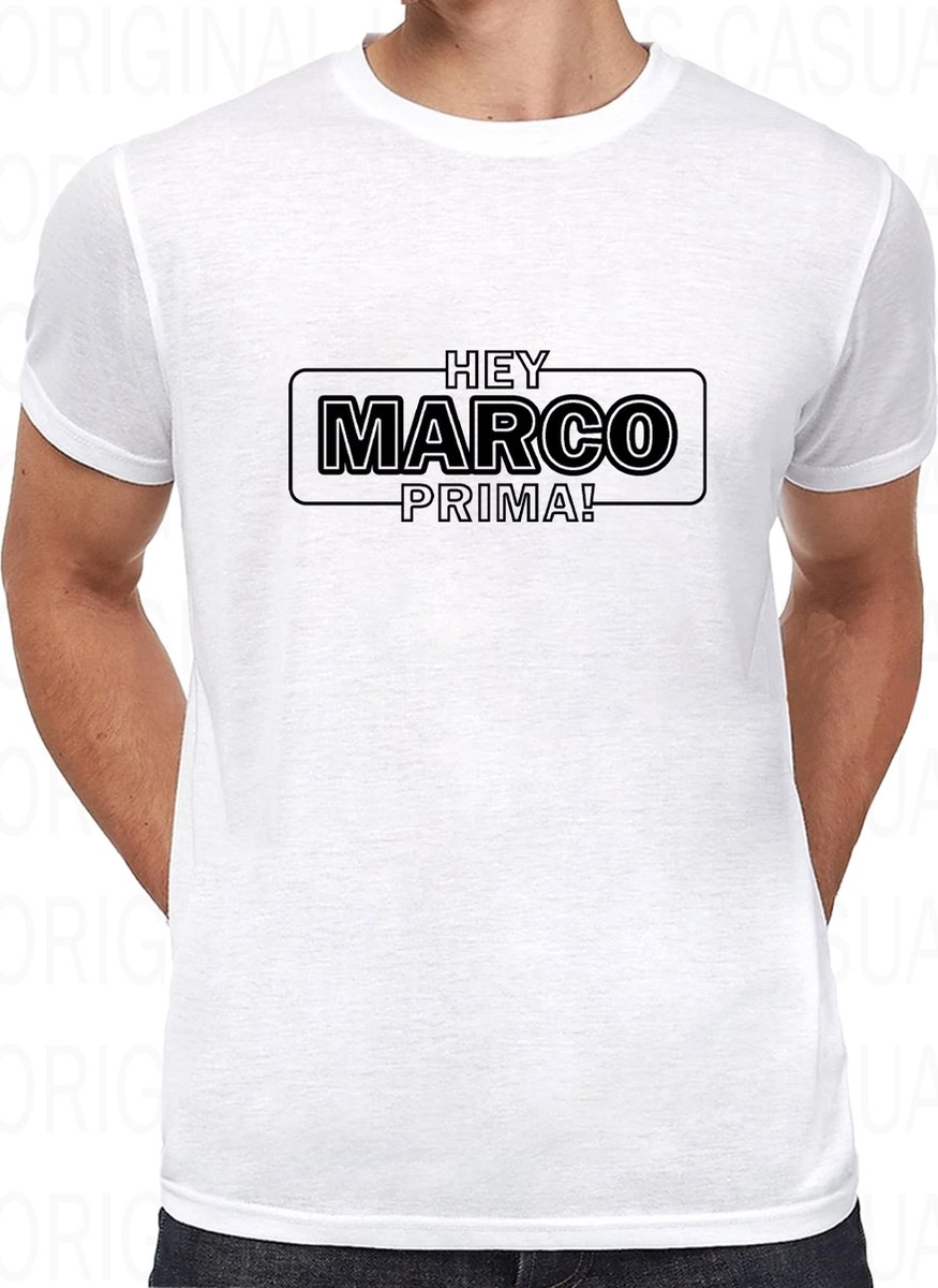 HEY MARCO PRIMA! Heren t-shirt – Maat XL - Wit - Korte mouwen - Ronde ...