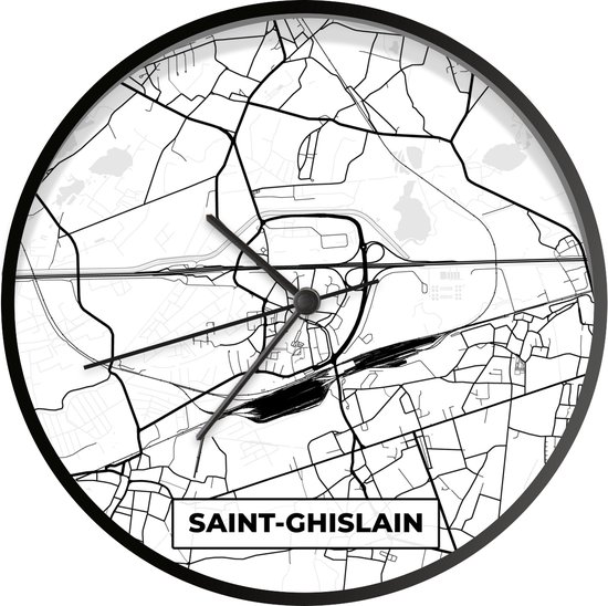 Klok - Ø 30 cm - Stadskaart – Plattegrond – België – Zwart Wit – Saint ...