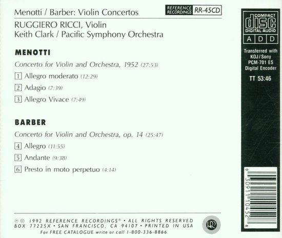 Ruggiero Ricci, Keith Clark, Pacific Symphony Orchestra - Menotti ...