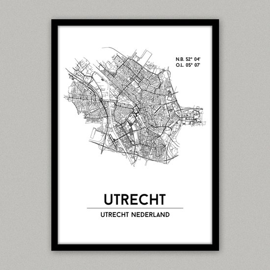 Utrecht city poster, A4 met lijst, plattegrond poster, woonplaatsposter ...
