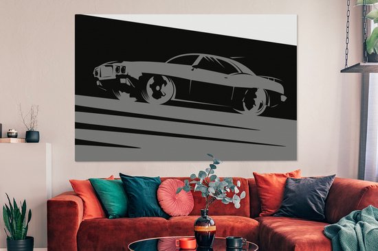 Peinture sur toile dessin d'une muscle car roulant en montée - noir et ...