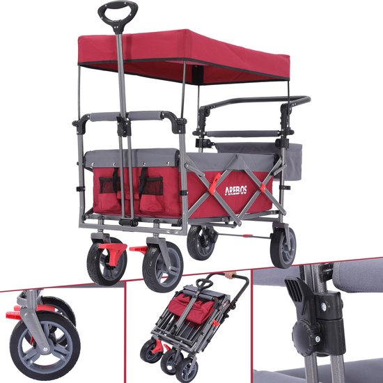 AREBOS Premium Bolderkar Opvouwbaar - Bolderkar Luchtbanden - 100 kg - met Dak Rood /... | bol