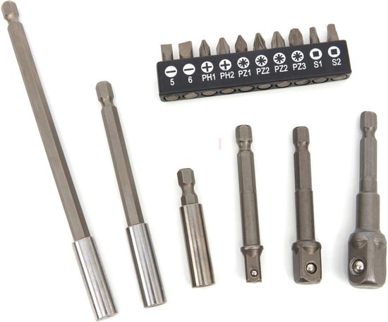HBM 16 Delige Hex Verlengstukken, Adapter en Bitset | bol
