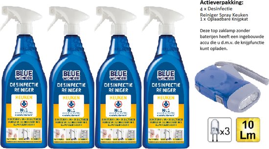 Blue Wonder Desinfectie-reiniger Spray - 750 ML - 4 Stuks + Zaklamp ...