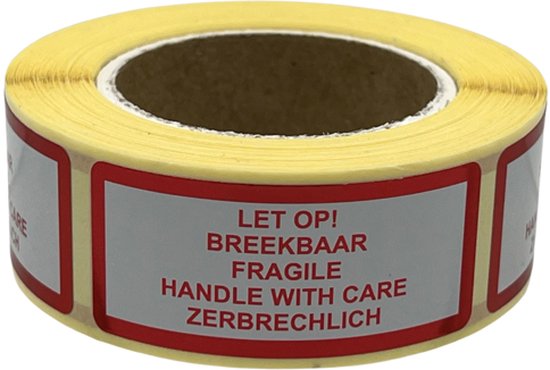 Breekbaar sticker 250 Stuks - 4 talen - 21x48mm - Waarschuwings sticker ...