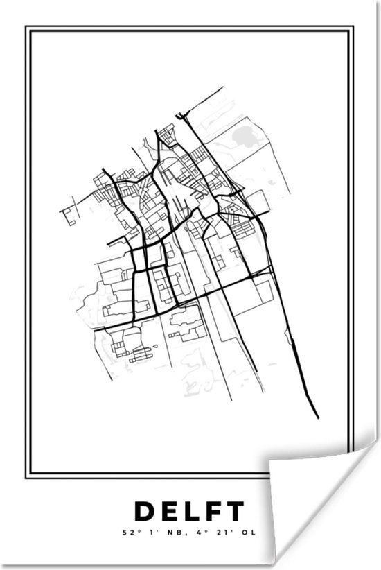 Poster Stadskaart – Zwart Wit - Kaart – Delft – Nederland – Plattegrond ...