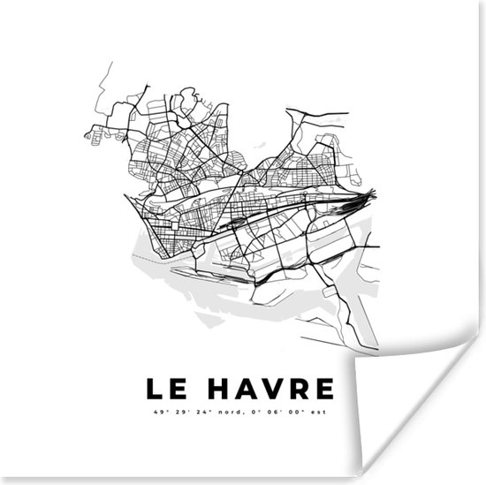 Affiche Le Havre - Plan - Zwart Wit - Plan de Ville - Plan - 100x100 cm XXL | bol.com