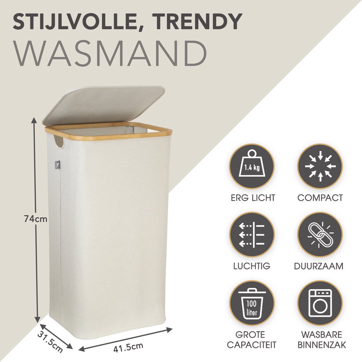 HENNEZ Wasmand met deksel van 100L opvouwbaar met bamboe frame ...