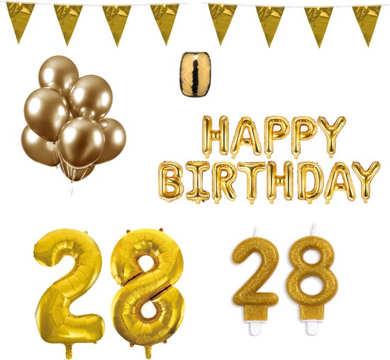 28 jaar Verjaardag Versiering Pakket Goud - Cijferballonnen & slingers ...