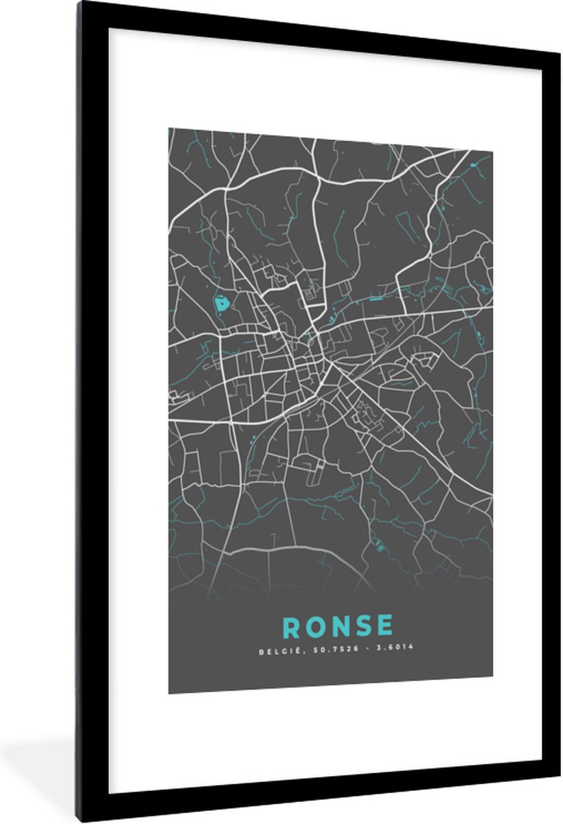 Fotolijst incl. Poster - België – Ronse – Stadskaart – Kaart – Blauw ...