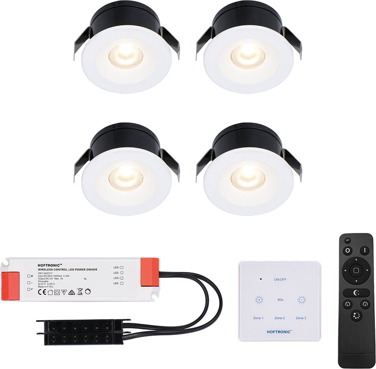 4x Cadiz - Mini 12V LED inbouwspot wit met trafo en muurdimmer - 3 Watt ...