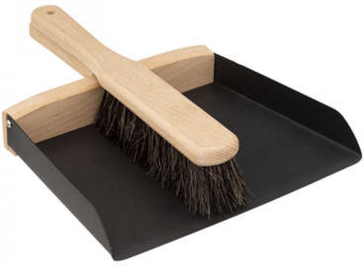 Vuilblik met borstel - stoffer - hout/metaal -zwart | bol