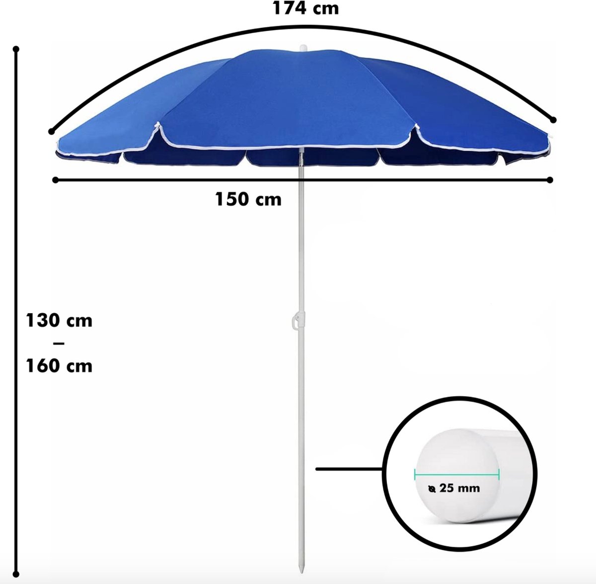 In Round Strandparasol met Hoes – ø150 cm – Rond – Inklapbaar – Blauw ...