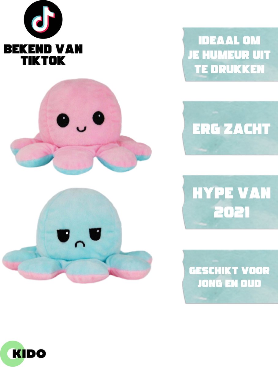 Octopus knuffel - Mood knuffel - Roze - Blauw - Blij/Boos knuffel ...