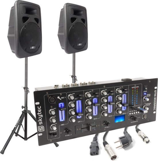 Skytec actieve 1200W 12 speakerset met mixer, stands en kabels | bol