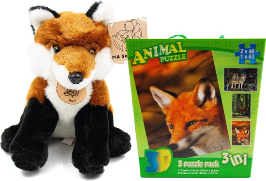 Vos knuffel, 20 cm , pluche - incl. 3D puzzle set , 3 delig , vos, wolf ...