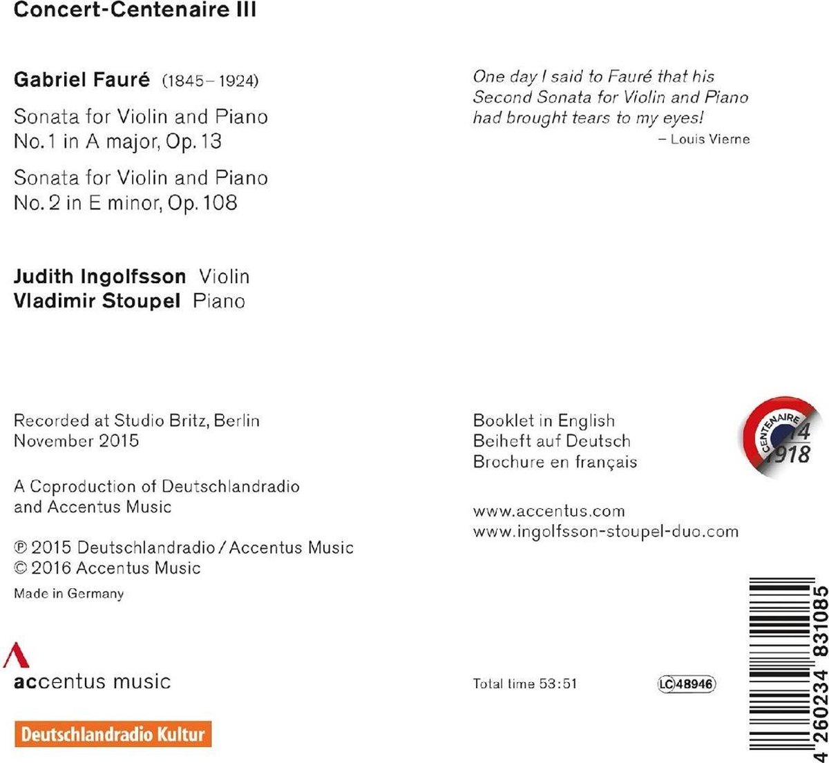 Faure: Violin And Piano Sonatas, Judith Ingolfsson | CD (album ...
