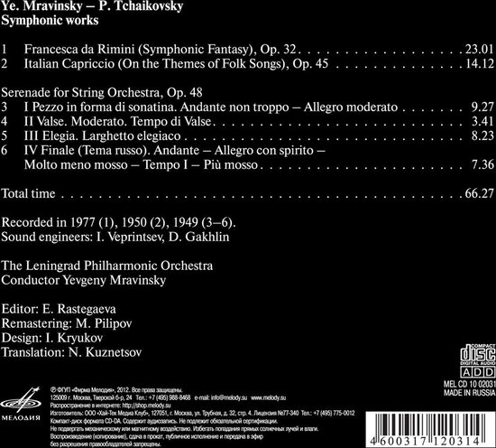 Francesca Da Rimini/Italian Capriccio/Serenade For, Tchaikovsky | CD ...