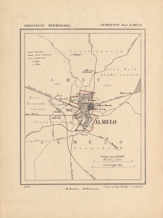 Historische kaart, plattegrond van gemeente Almelo Stad in Overijssel ...