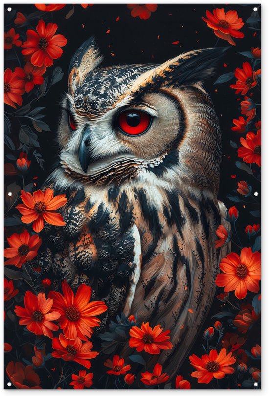 Tuinposter 120x180 cm - Tuindecoratie Uil - Bosdieren - Rode bloemen ...
