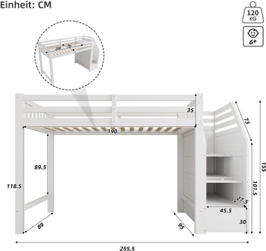 Hoogslaper, 90x200cm, bed met lattenbodem (zonder matras), leuning ...