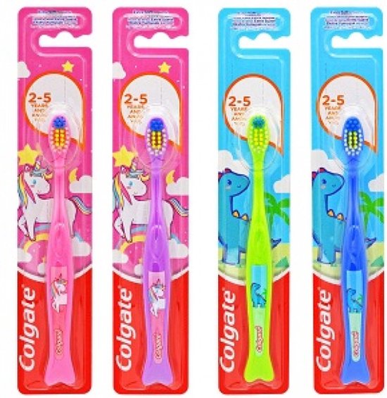 Colgate - 4x Zachte kindertandenborstels - Dino en Unicorn - Blauw ...