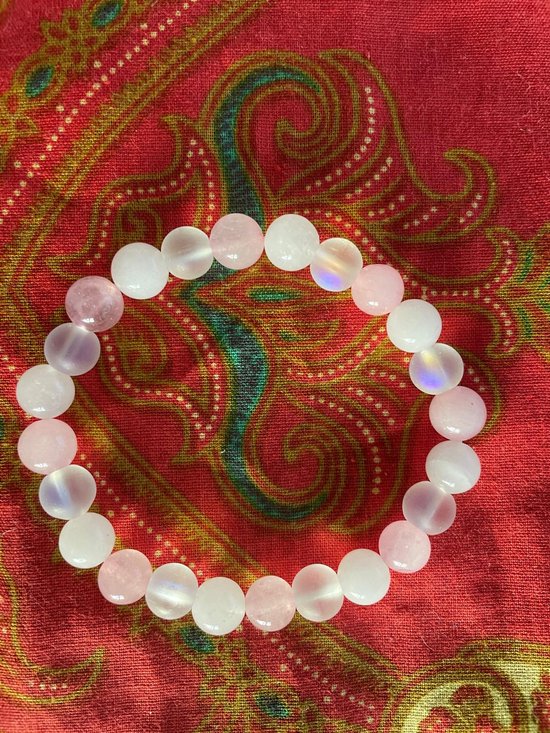 armband edelsteen met maansteen en rozenkwarts 18cm 8 mm | bol